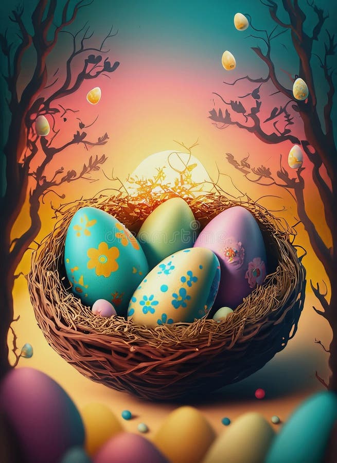Illustrated Background with Eggs Stock Illustration - Illustration of yellow, basket: 297050856