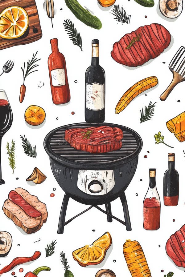 Illustrated Barbecue Pattern with Assorted Meats, Vegetables, Drinks ...