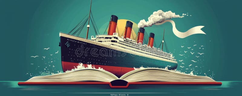 Illustrated Book with Titanic Ship Emerging from Oceanic Waves and ...