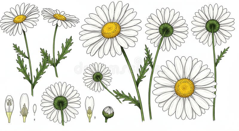 Illustrated Botanical Image of Daisies, Featuring Detailed Depictions ...