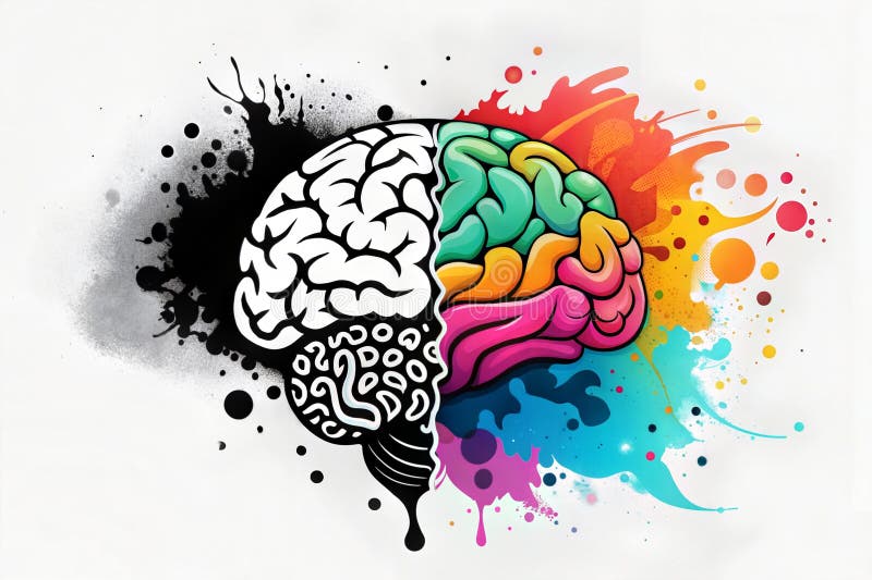 Illustrated Brain with Black-and-White and Colorful Sides Representing ...