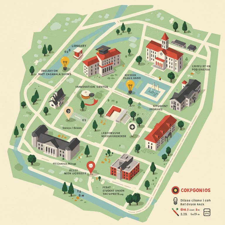 Illustrated Campus Map with Labeled Buildings and Pathways. Structures ...