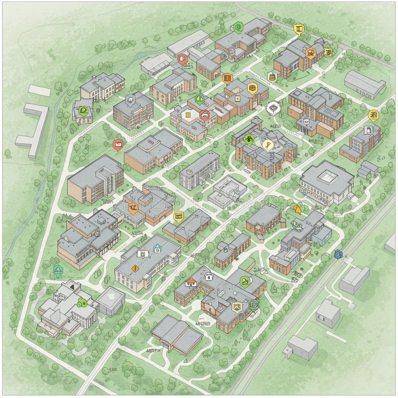 Illustrated Campus Map Showcasing Various Buildings and Pathways ...