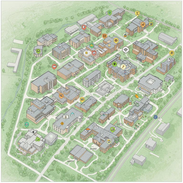 Illustrated Campus Map Showcasing Various Buildings and Pathways ...