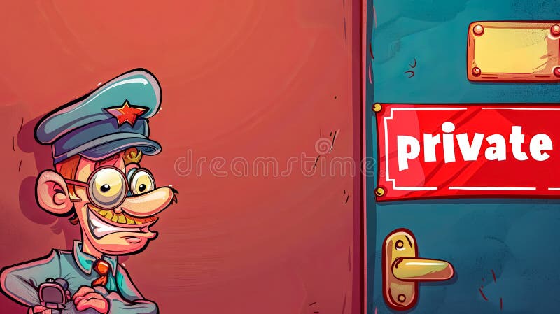 Cartoon Security Guard by Private Door Sign Stock Photo - Image of ...