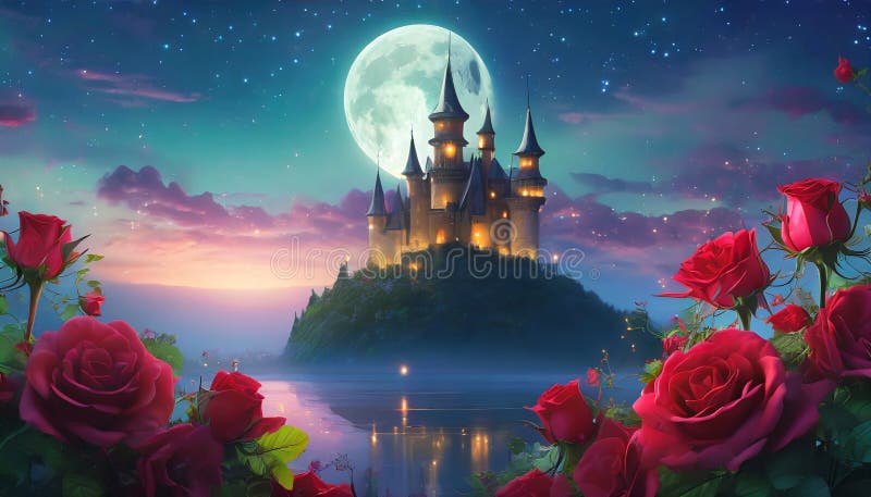 Illustrated Castle in Moonlight with Moon in the Sky and Red Roses ...