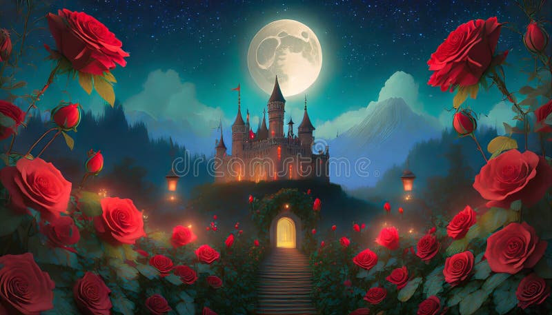 Illustrated Castle in Moonlight with Moon in the Sky and Red Roses ...
