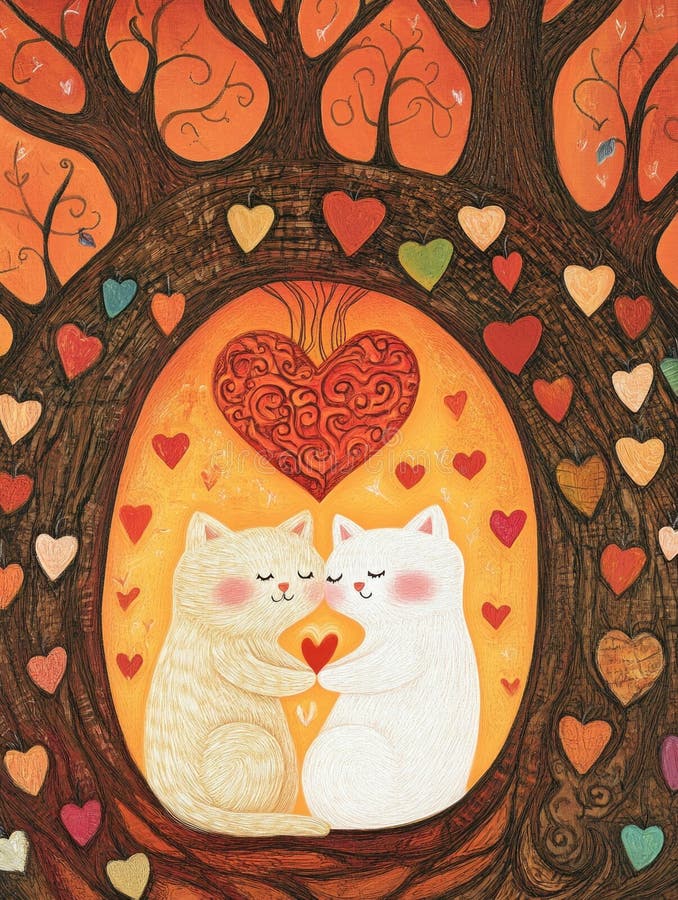 Illustrated Cats Hugging in a Heart-filled Tree Scene Stock Photo ...