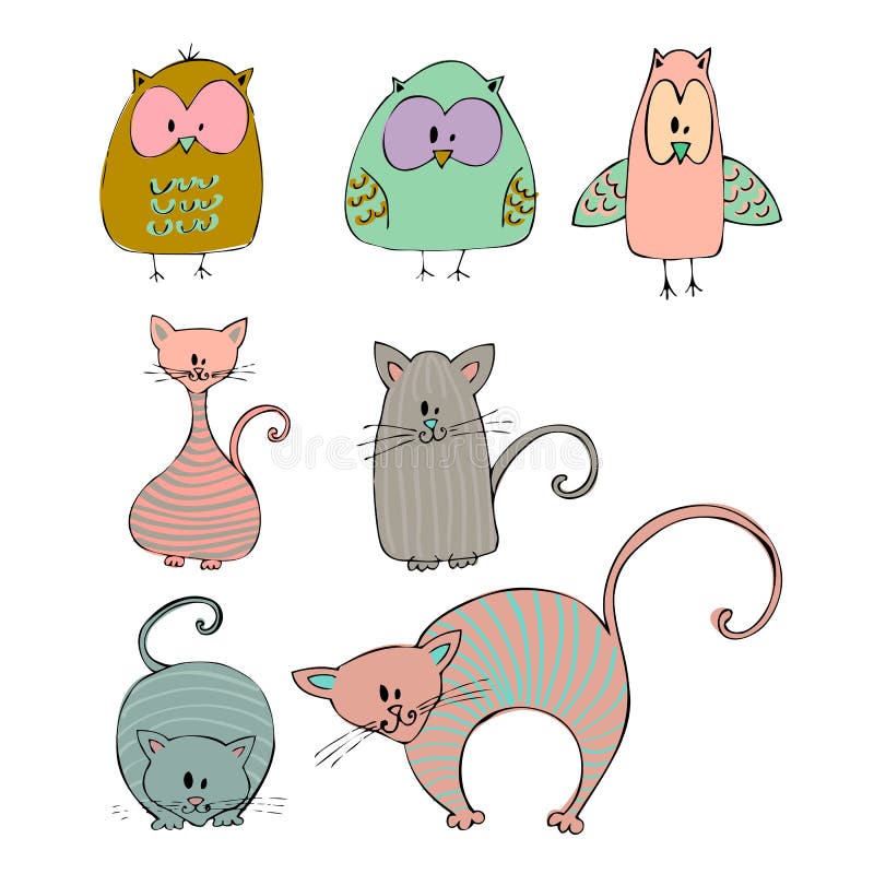 Illustrated cats and owls stock vector. Illustration of pussycat - 43169263