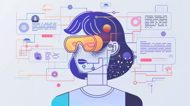 An Illustrated Character with Orange VR Goggles, Surrounded by Floating ...