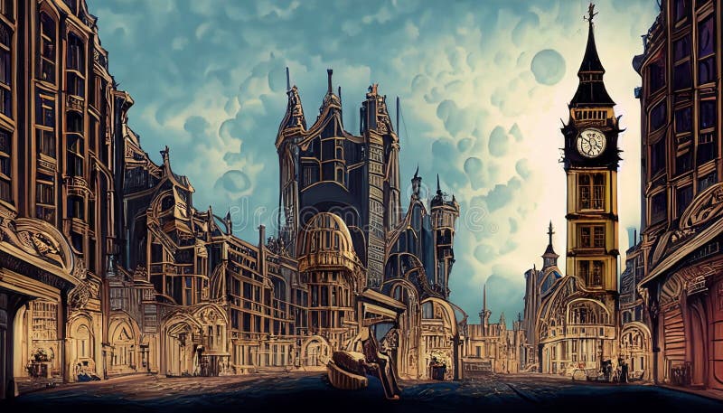 City Streets in Fantasy Style Stock Illustration - Illustration of ...