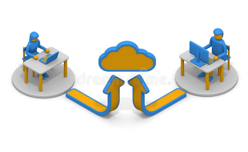 Illustrated Cloud System and Upload. People Who Work Using the Network ...