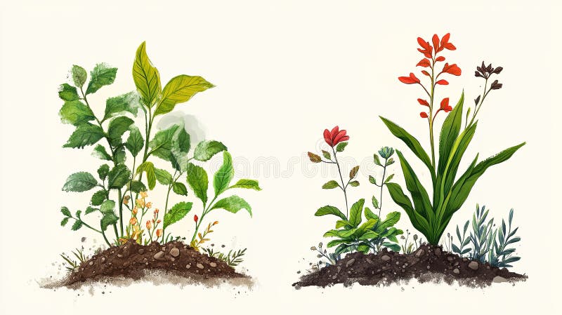 Illustrated Comparison of Ancient and Modern Plants . Stock Photo ...