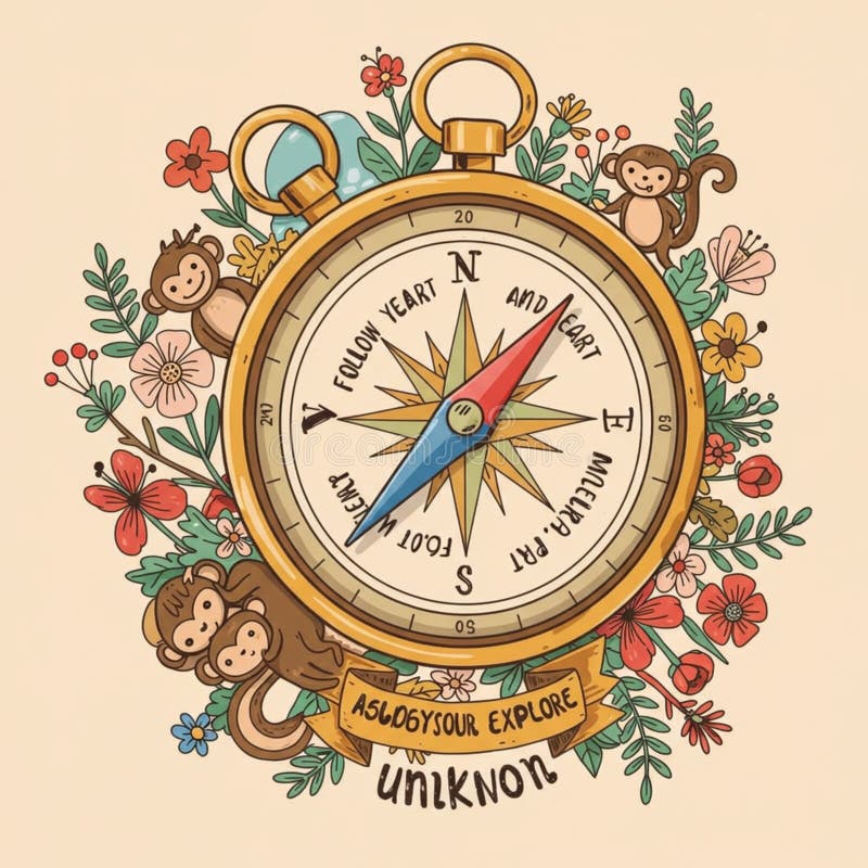 An Illustrated Compass Features Whimsical Text and Directional Labels ...