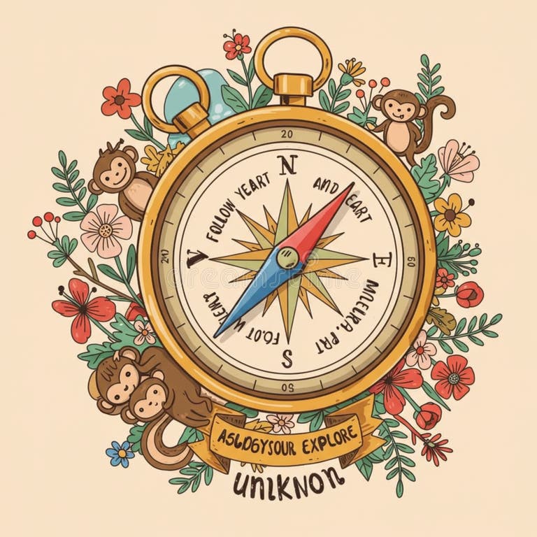 An Illustrated Compass Features Whimsical Text and Directional Labels ...