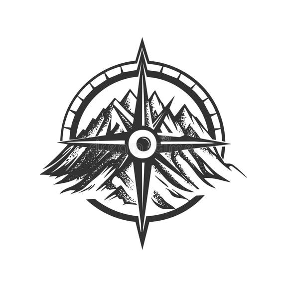 Illustrated Compass with Mountains Symbolizing Exploration and ...