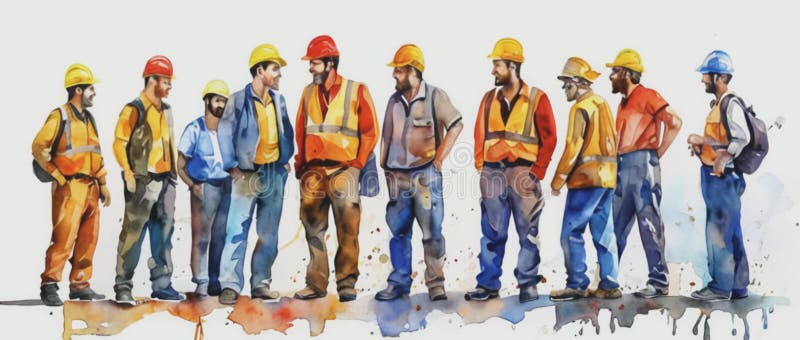Illustrated Construction Workers with Tools in Watercolor Style. Stock ...