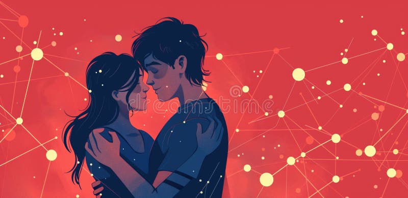 Illustrated Couple Embracing Against a Vibrant Red Background with ...