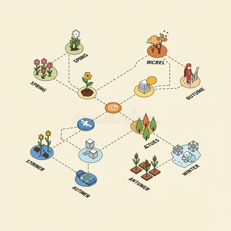 Illustrated Cyclic Chart Representing the Four Seasons: Spring, Summer ...