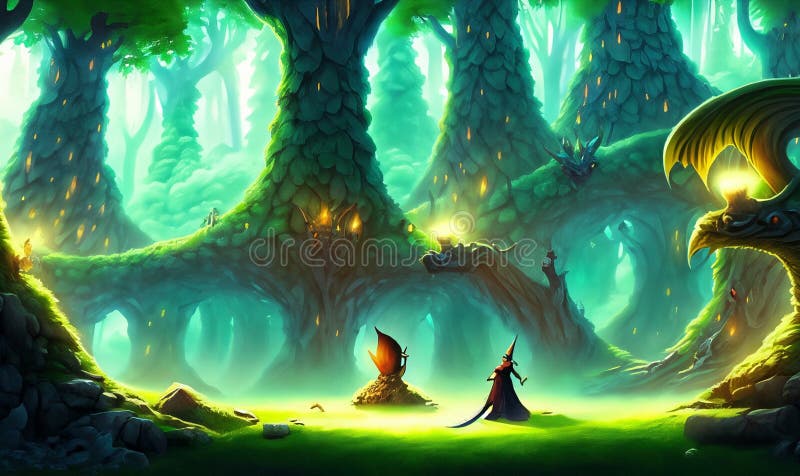 Magical Fantasy Forest with Witch Stock Illustration - Illustration of ...
