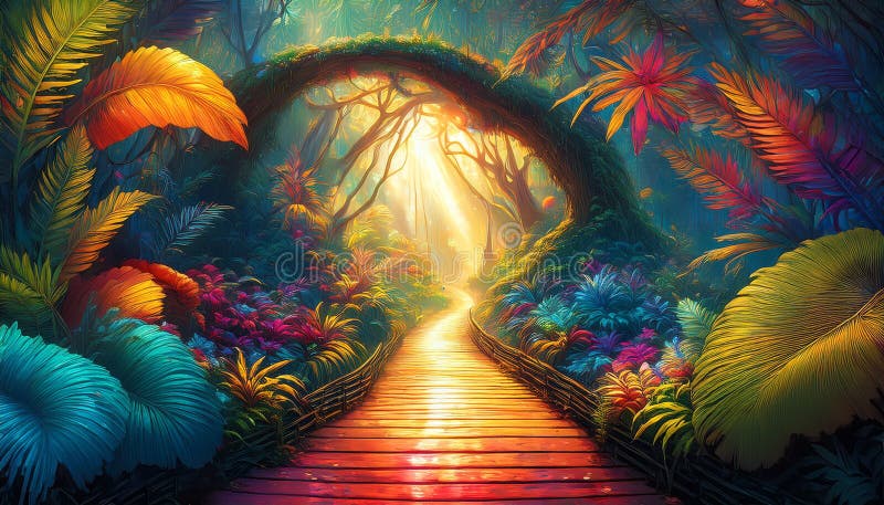 Illustrated Dense Jungle with a Path in the Middle Stock Illustration ...