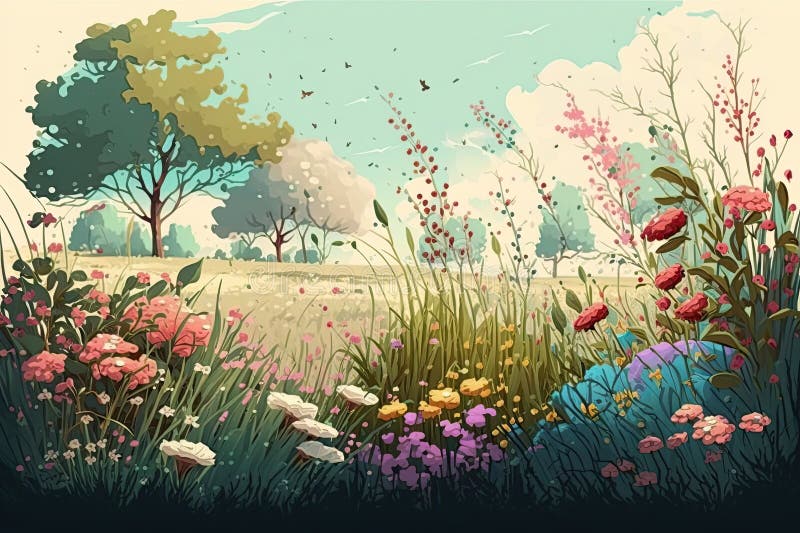 An Illustrated Depiction of a Meadow Full of Blooming Flowers during ...