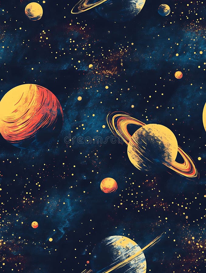 Illustrated Depiction of Outer Space Featuring Stylized Planets, Some ...