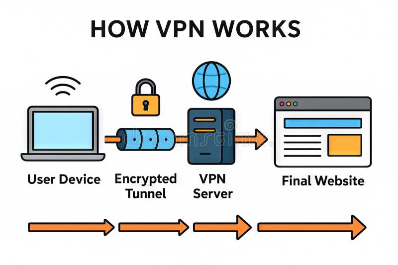 Illustrated Diagram Showing How Vpn Works with User Device, Encrypted ...