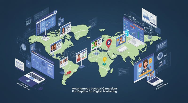 An Illustrated Digital Marketing Concept Map Featuring a World Map with Various Stock ...