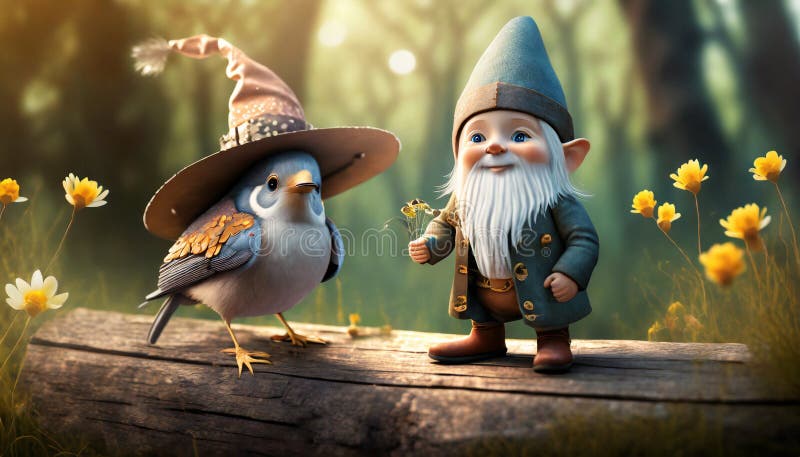 Illustrated Dwarf with a Bird Stock Illustration - Illustration of duck ...