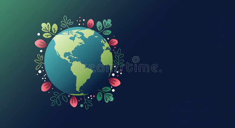 Illustrated Earth Globe Surrounded by Floral Elements on Dark ...