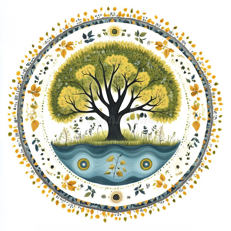 Illustrated Earth Nature Mandala Tree Leaves Water White Background ...