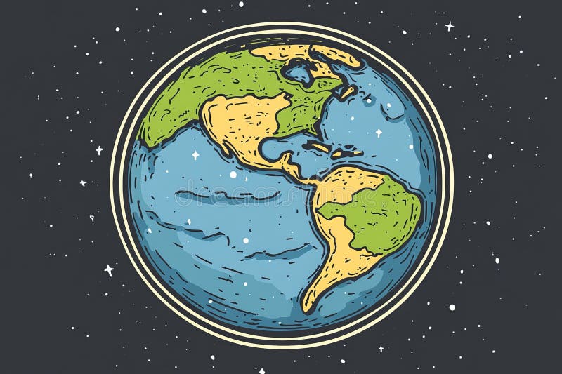 Illustrated Earth with Smiling Continents on a Dark Starry Background ...