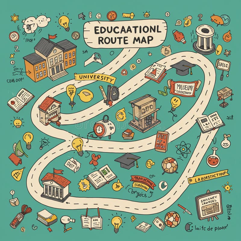 Illustrated Educational Map with a Winding Path Connecting Various ...