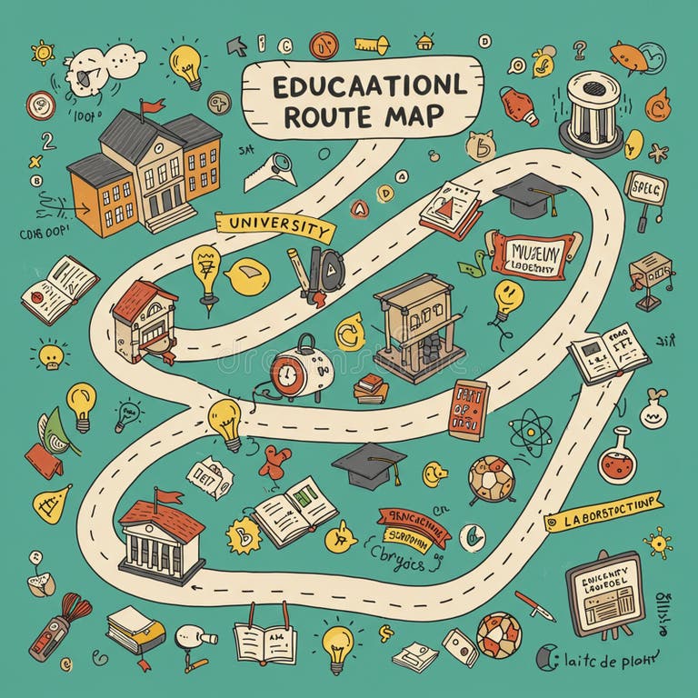 Illustrated Educational Map with a Winding Path Connecting Various ...