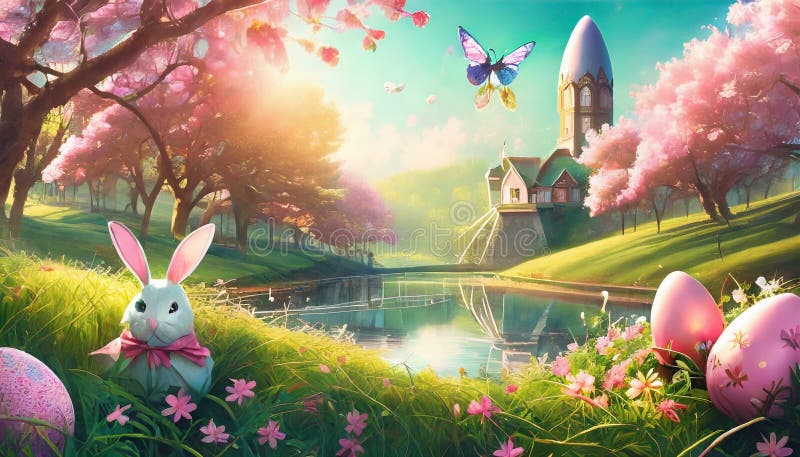 Illustrated Fairy Tale Easter Landscape with Eggs Landscape Stock ...