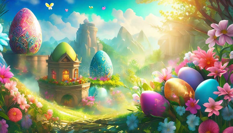 Illustrated Fairy Tale Easter Landscape with Eggs Landscape Stock ...