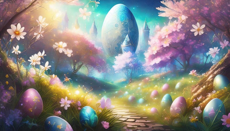 Illustrated Fairy Tale Easter Landscape with Eggs Landscape Stock ...