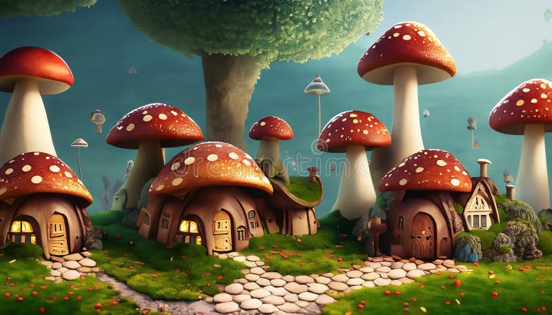 An Illustrated Fairytale Forest with a Toadstool Village Stock ...