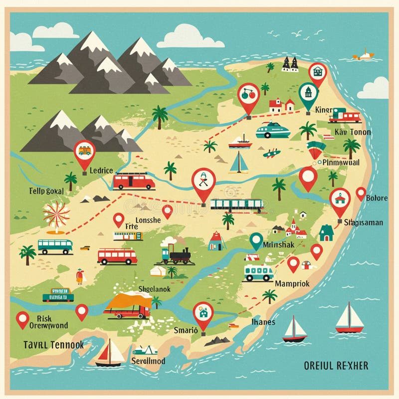 Illustrated Fictional Map Depicting a Coastal Region with Various ...