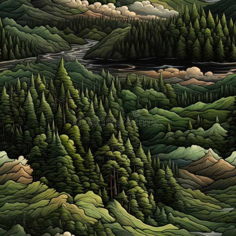 Illustrated Forest Painting with Accurate Topography and Detailed ...