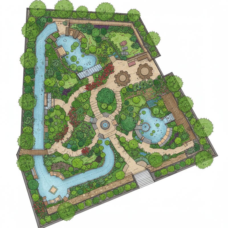 Illustrated Garden Design Featuring a Rectangular Layout with Winding ...