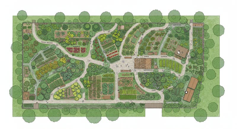 Illustrated Garden Layout Displaying a Diverse Array of Plant Sections ...
