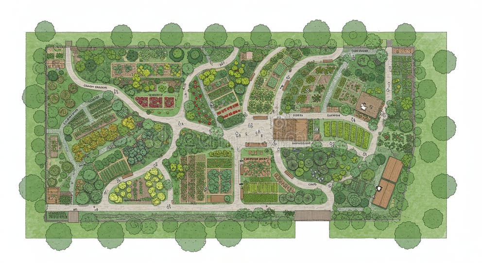 Illustrated Garden Layout Displaying a Diverse Array of Plant Sections ...