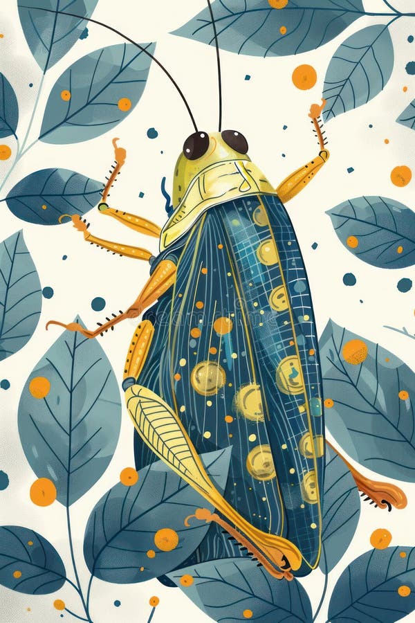 Stunning Stylized Grasshopper Amidst Teal Leaves Stock Illustration ...