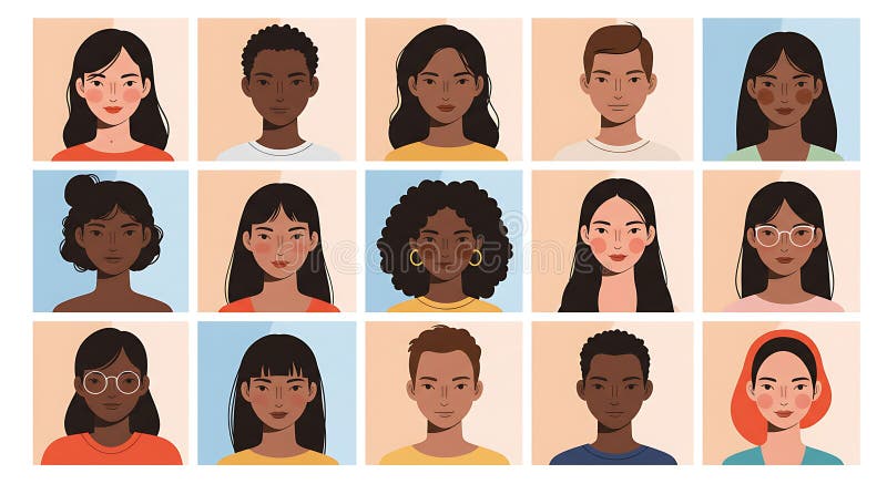 Illustrated Grid of Diverse Individuals Featuring 15 Portrait ...