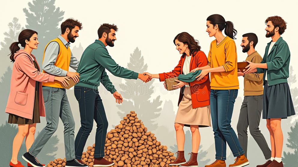 People Passing Objects and Shaking Hands Near Pile Stock Illustration ...