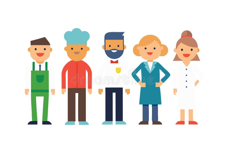 Illustrated Group of Professionals in Various Occupations Standing Side ...