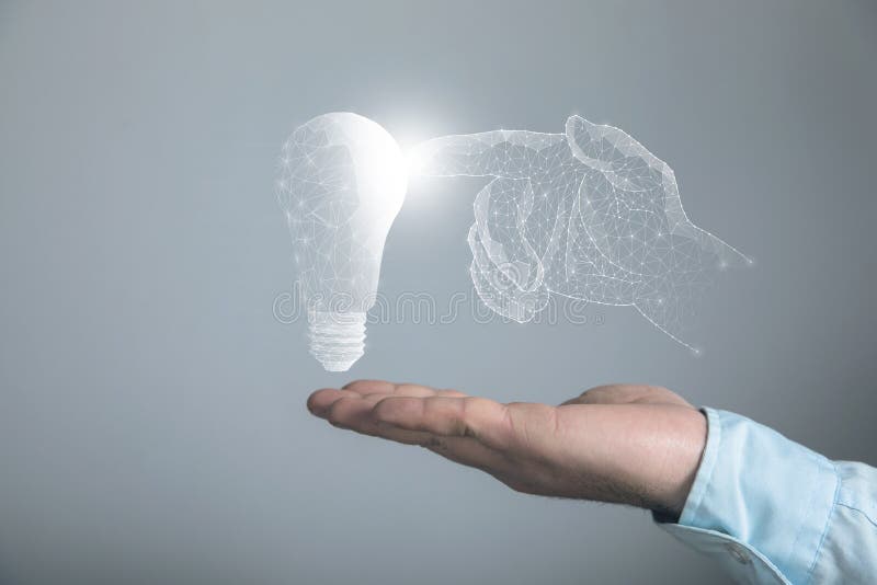 An Illustrated Hand Touches a Light Bulb. Man Holding in His Hand Stock ...