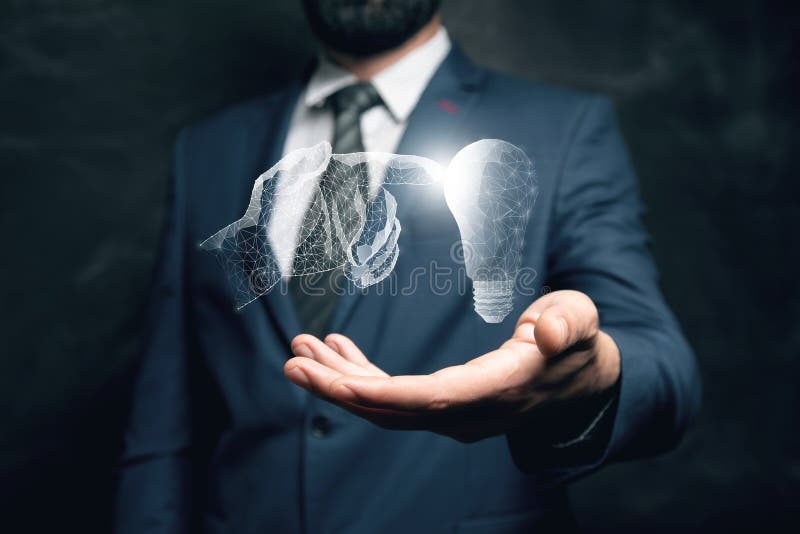 An Illustrated Hand Touches a Light Bulb. Man Holding in His Hand Stock ...